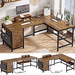 SEDETA 63" L Shaped Desk, Convertible Long Home Office Desk or Corner Desk, Office Computer Desk with Drawer, Power Strip, Storage Cabinet & Monitor Stand for Home Office, Rustic Brown