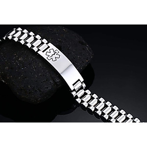 VNOX Customize Medical Emergency Jewelry 15.5MM Wide Metal Stainless Steel Watchband Link Bracelet,8.5" (Silver, *Custom Engraving)