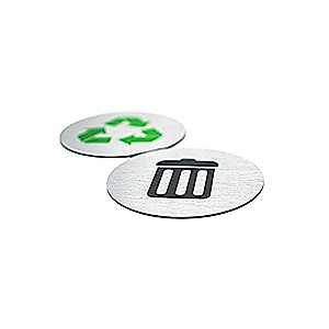 5.5" Round, Metal Trash & Recycling Signs | Set of 2 Garbage & Recycling Bin Markers | Brushed Silver Aluminum Signs with 1 Black Trash Sign & 1 Green Recycle Sign | Signs for Sustainability