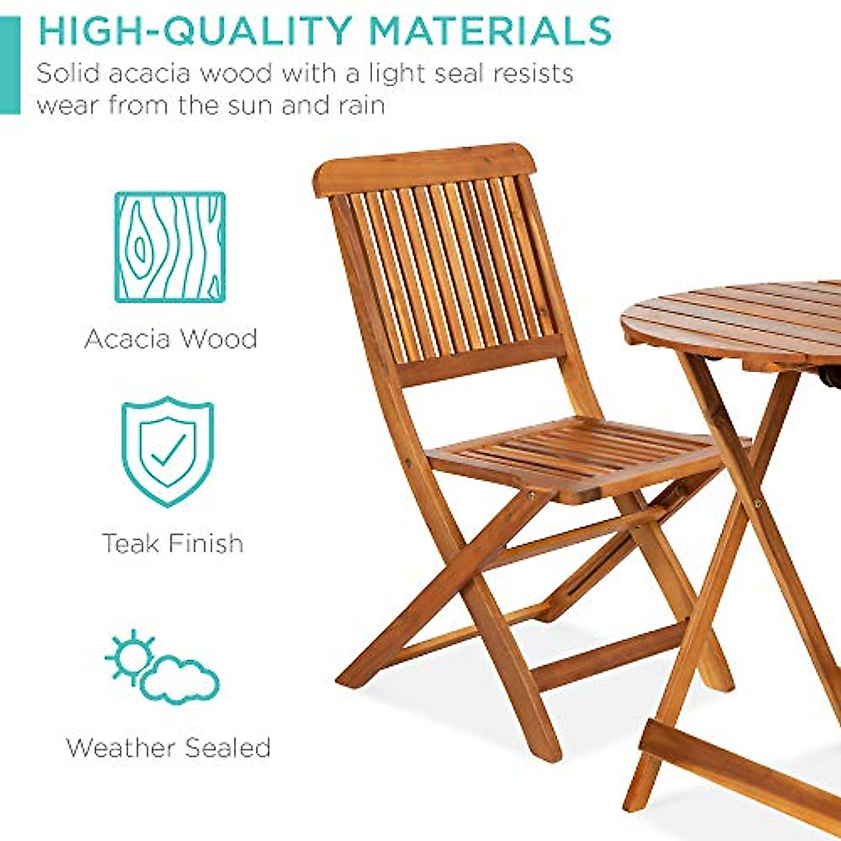 Best Choice Products 3-Piece Acacia Wood Bistro Set, Folding Patio Furniture for Backyard, Balcony, Deck w/ 2 Chairs, Round Coffee Table, Teak Finish - Natural