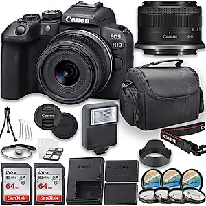 Canon EOS R10 Mirrorless Camera with RF-S 18-45mm f/4.5-6.3 is STM Lens + 2pc 64GB Memory Cards + Flash + Filters & More (Renewed)