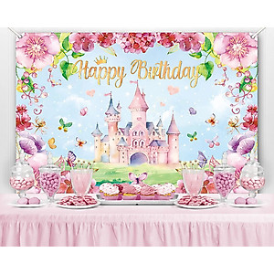 LDWLYW Princess Birthday Backdrop for Girls Happy Birthday Princess Castle Butterfly Backdrop Banner for Birthday Party Decorations Princess Theme Party Photo Backdrop Background Decor 7x5ft