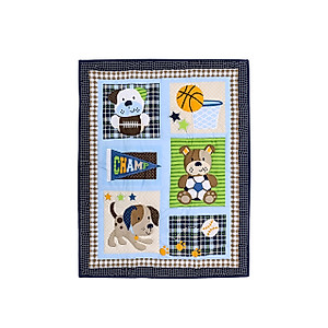 3 PCs Blue Sports Theme Nursery Crib Bedding Set Baby Boy Embroidery Puppy Sport Themed Baby Boy Cot Bedding Set 1 Quilt 1 Fitted Sheet 1 Diaper Storage Bag