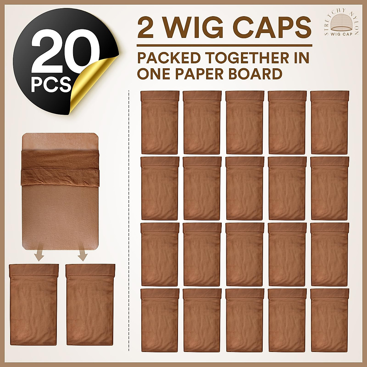 Teenitor Wig Caps, 20 Pack Stretchy Nylon Skin Tone Wig Application Caps for Women and Men - Brown