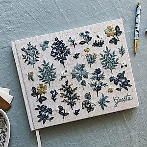 RIFLE PAPER CO. Wildwood Embroidered Fabric Guest Book | Hard Cover Wrapped in Book Cloth & Grosgrain Ribbon Bookmark, (Lay-Flat Binding, 144 Ruled Pages with Metallic Gold Ink, 8" L x 5.75" W)