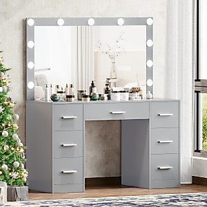 Irontar Vanity Table, Makeup Table with Lighted Mirror, 3 Color Lighting Modes, Brightness Adjustable, Dressing Table with Drawers, Vanity Desk for Women, Gray