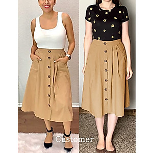 Naggoo Womens Summer A-Line High Waisted Button Pleated Midi Skirt Khaki Large