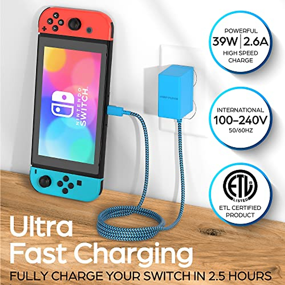 Neptune Premium Gaming Charger - Compatible with Nintendo Switch/Switch Lite/Switch OLED, Android, Supports Nintendo Switch Dock 15V2.6A Fast Charger 5FT Type C AC Adapter Cable for Switch… (Blue)