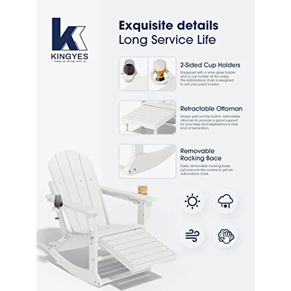 KINGYES Folding 4 in 1 Multifunctional Adirondack Rocking Chair, White