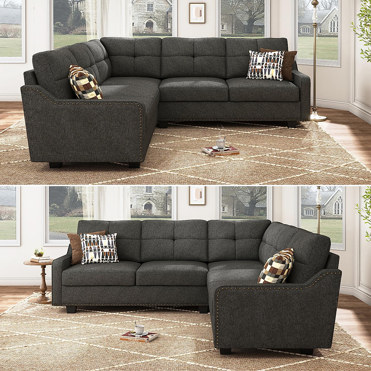 HONBAY Convertible Sectional Sofa L Shaped Couch for Small Apartment Reversible Sectional Couches for Living Room,Dark Grey