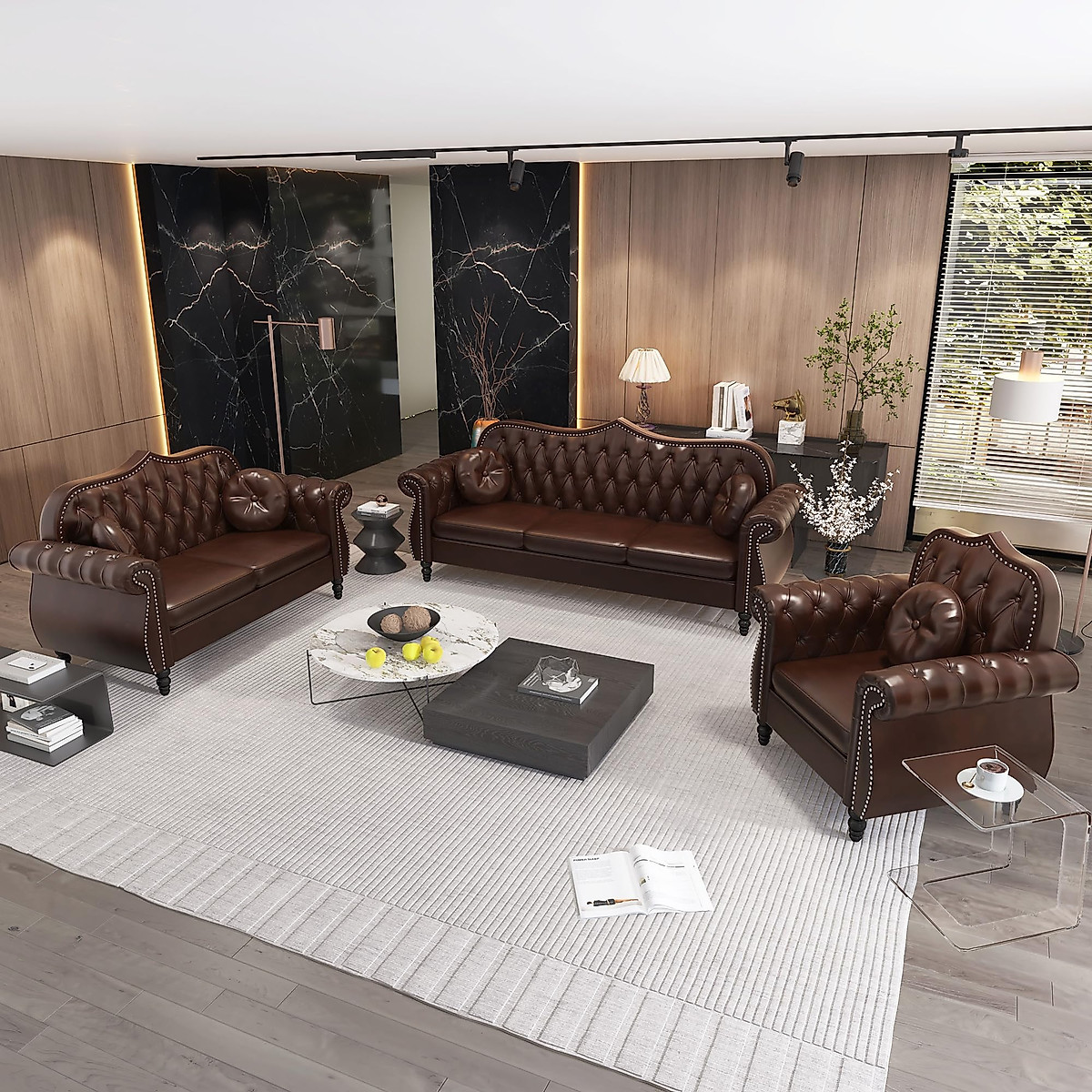 AVZEAR 82" Three Seater Sofa, Chesterfield Sofa, Mid-Century Modern PU Upholstered Sofa, Deep Button Tufted Living Room Sofa with Two Throw Pillows, Brown