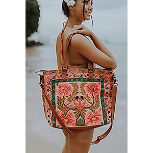 changnoi Embroidered Tote Bag with Adjustable Leather Crossbody Strap