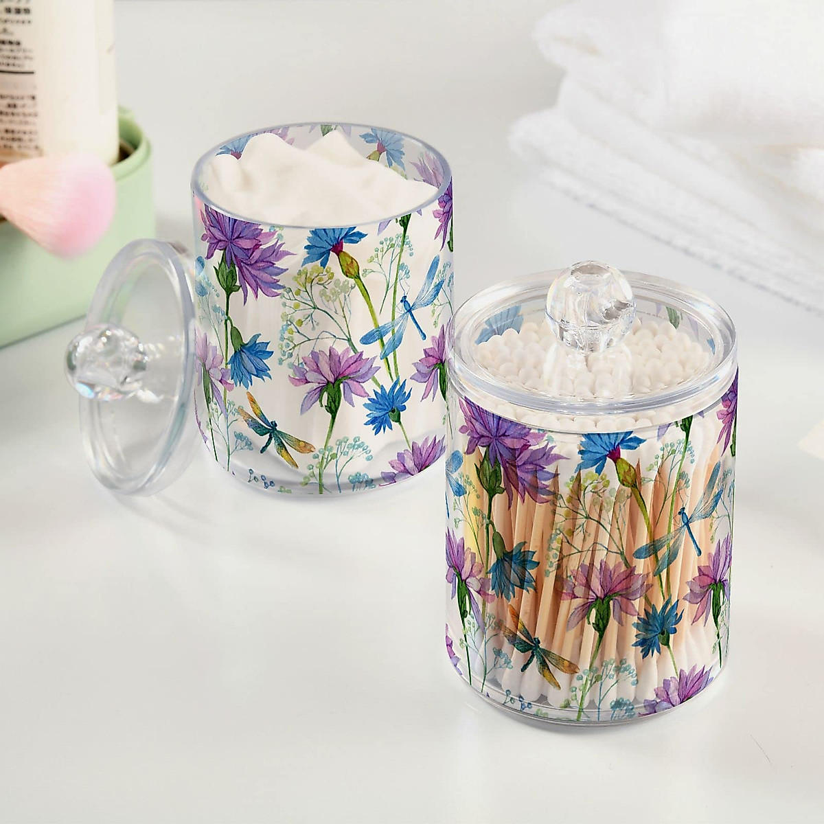 4 Pack Qtip Dispenser Apothecary Jars Bathroom Organizer, Watercolor Blue Flowers Dragonflies Qtip Holder Storage Canister Plastic Acrylic Jar for Cotton Ball/Swab/Rounds