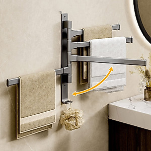Garhelper Swivel Towel Rack, 304 Stainless Steel Thicken 4 Arms Towel Bar, Space Saving Wall Mounted Towel Holder with Hook, Rustproof Swing Out Towel Hanger for Bathroom Kitchen Farmhouse