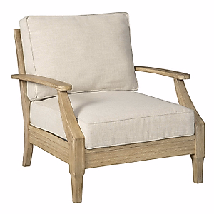 Signature Design by Ashley Clare View Outdoor Eucalyptus Wood Single Cushioned Lounge Chair, Beige