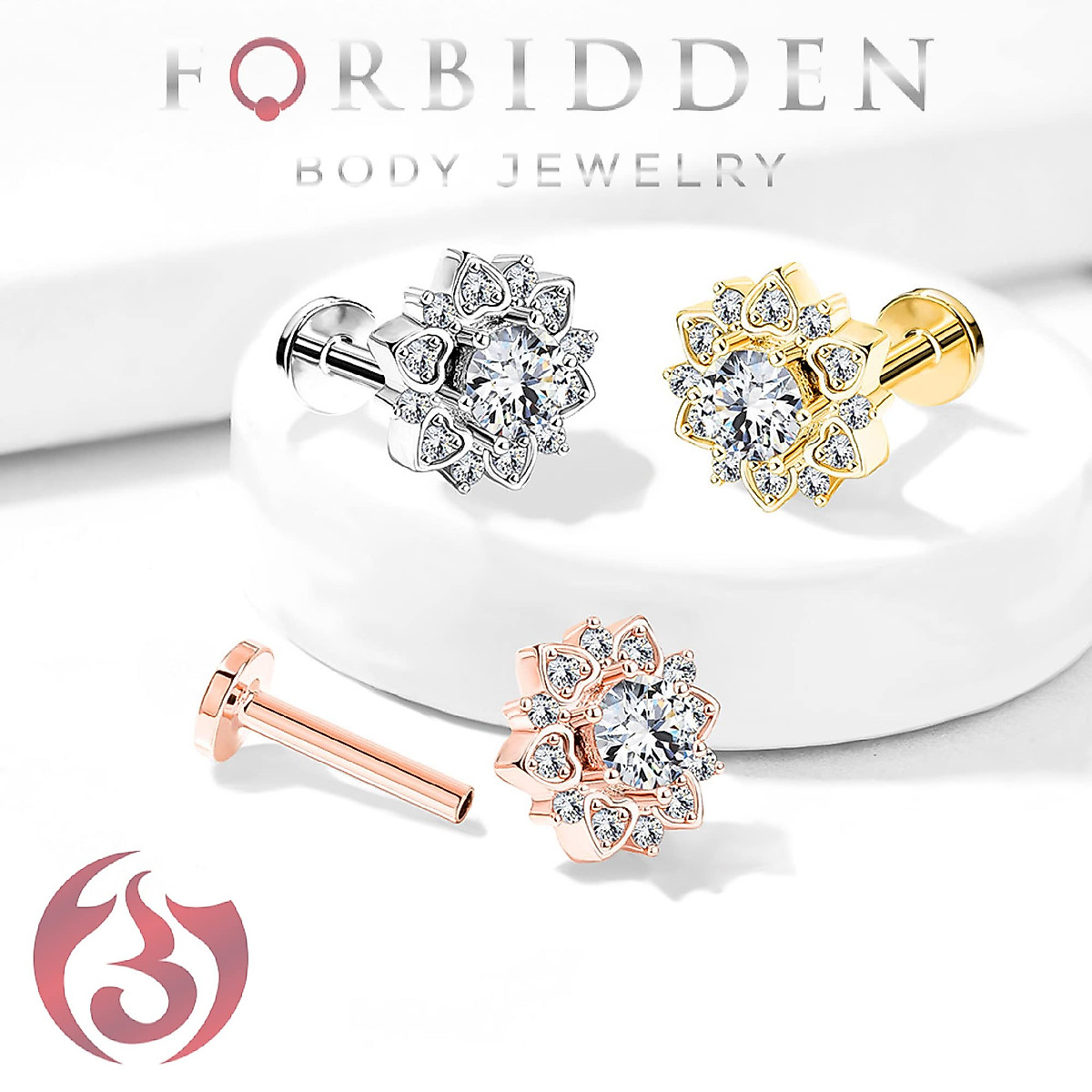 Forbidden Body Jewelry 16g 8mm Internally Threaded Cartilage, Tragus, Labret, Monroe Stud w/CZ Floral Top, Rhodium Plated