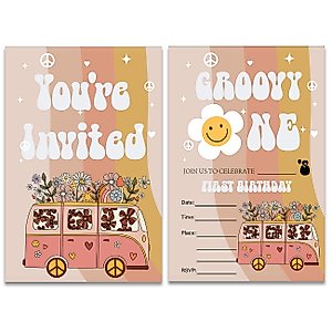 Soiceu Retro First Birthday Groovy One Birthday Party Invitations with Envelopes Set of 20 Vibe Peace Love Hippie 70s 1st Birthday Party Invites Fill in Blank