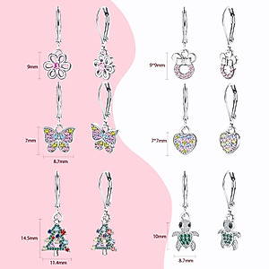 Drperfect Cute Dangle Earrings, Hypoallergenic, Cubic Zirconia Paved Butterfly Heart Flower Turtle Mouse Christmas Tree Drop Dangling Earrings, Silver Leverback Earrings Set