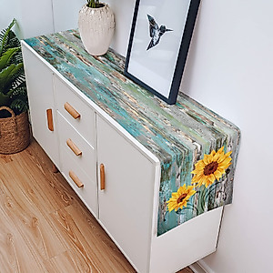 Summer Sunflowers Table Runner 36 Inches Long Farmhouse Dress Scarves, Spring Floral Botanical Teal Brown Retro Wood Dining Tablerunner for Coffee Table/Kitchen Island/Party Décor, Small 13" x 36"