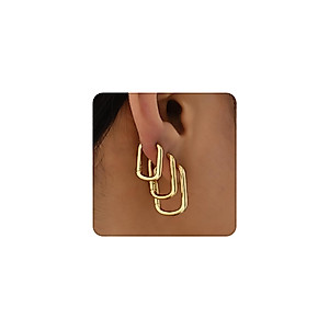 Sloong 3pairs Hoop Earrings Set 14K Gold Plated Lightweight Hypoallergenic Chunky Square Hoop Earrings Gold Rectangle Earring for Women Gift