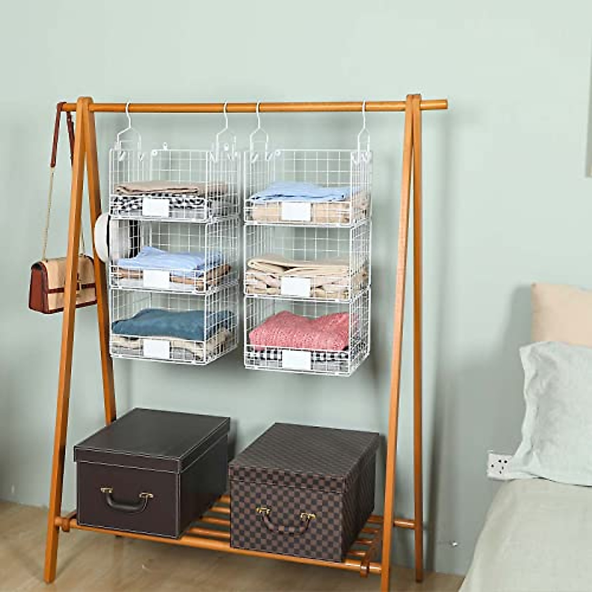 Jautokerdar 6 Tiers Hanging Closet Shelves Organizer with Name Plate S Hooks, Wall Mount&Cabinet Wire Storage Basket Bins, for Clothing Sweaters Shoes Handbags Clutches Accessories