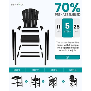 SERWALL Tall Adirondack Chairs Set of 2, HDPE Bar Height Outdoor Chairs, Wood-Like Adirondack Bar Stools for Patio, Balcony, Porch, Black