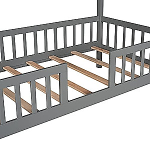 Merax House Bed Frames for Boys and Girls,Wood Twin Bed Frame House-Shaped Bed Platform Bed Frame with Roof Windows and Full-Length Safety Rails, Twin Size