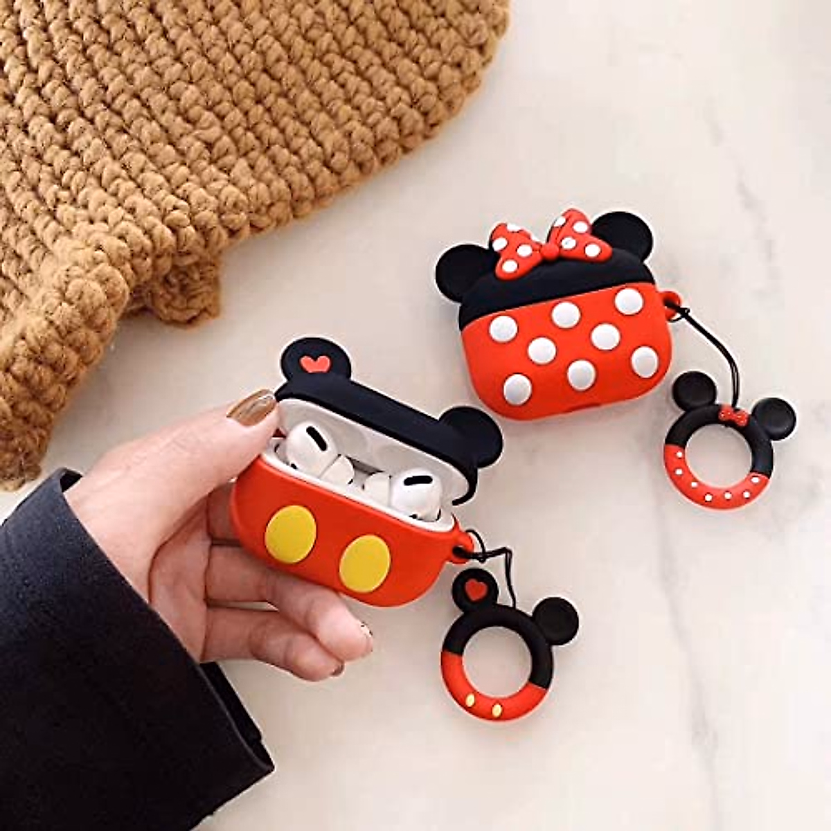 Threesee Compatible with AirPods 3 Case,Minnie Mouse Cute Cartoon AirPods 3rd Generation Case 2021,Girls Kids Teens Boys Kawaii Silicone AirPods 3 Cover with Cartoon Pendant,Minnie Mouse Red