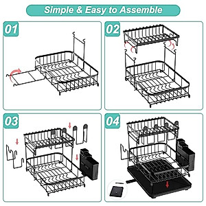 Loftiage Dish Drying Rack with Extra Sponge Holder for Kitchen Counter Sink, 2 Tier Large Dish Drainer Racks, Adjustable Spout Dish Strainer with Drainboard, Utensils, Cutlery Holder, Black