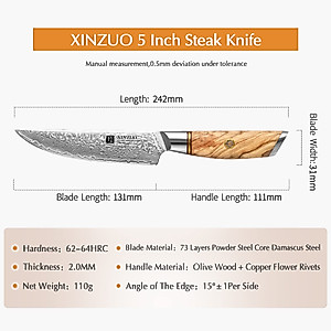 XINZUO Steak Knife Set of 4, Damascus Powder Steel Kitchen Steak Knife Set, Non Serrated Steak Knives, Razor-Sharp Dinner knives with Gift Box, Kitchen Table Knife with Olive Wood Handle-Lan Series