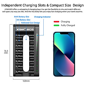 Charge Multiple AAA Rechargeable Batteries Simultaneously with the XTAR BC8 Smart AA AAA Charger - 8 Bays for 1.5V Lithium and 1.2V Ni-Mh Ni-Cd Rechargeable Batteries (BC8 Charger+QC3.0)
