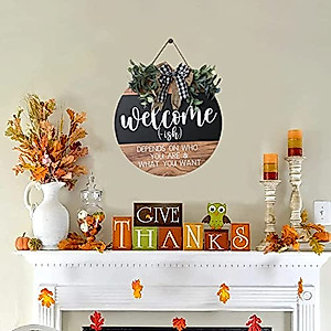 Welcome Sign Front for Door Decoration, 12 in Round Wood Wreaths Wall Hanging Outdoor, Farmhouse, Porch, for Spring Summer Fall All Seasons Holiday Christmas