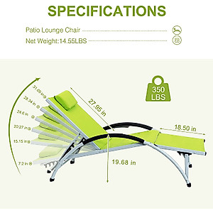 Sundale Outdoor Adjustable Patio Chaise Lounge, 6 Position Lounge Chair, All Weather Outdoor/Indoor Lounge for Reading, Meditation, Sleeping, Exercising, Green