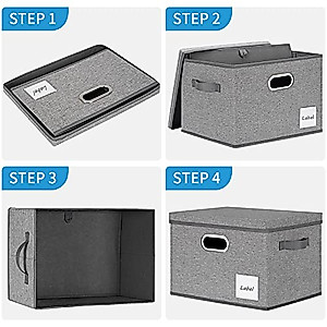 LHZK Large Storage Bins with Lids 6 Pack, Linen Fabric Storage Boxes with Lids, Foldable Storage Baskets with 3 Handles and Label Window for Shelves Bedroom Closet Office (15.75x11.8x10.2,Grey,Beige)