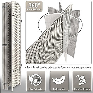 Sorbus 8 Panel Room Divider 6 ft. Tall - Privacy Screen, Extra Wide Double Hinged Panels, Mesh Hand-Woven Design, Partition Room Dividers and Folding Privacy Screens, Wall Divider for Room Separation