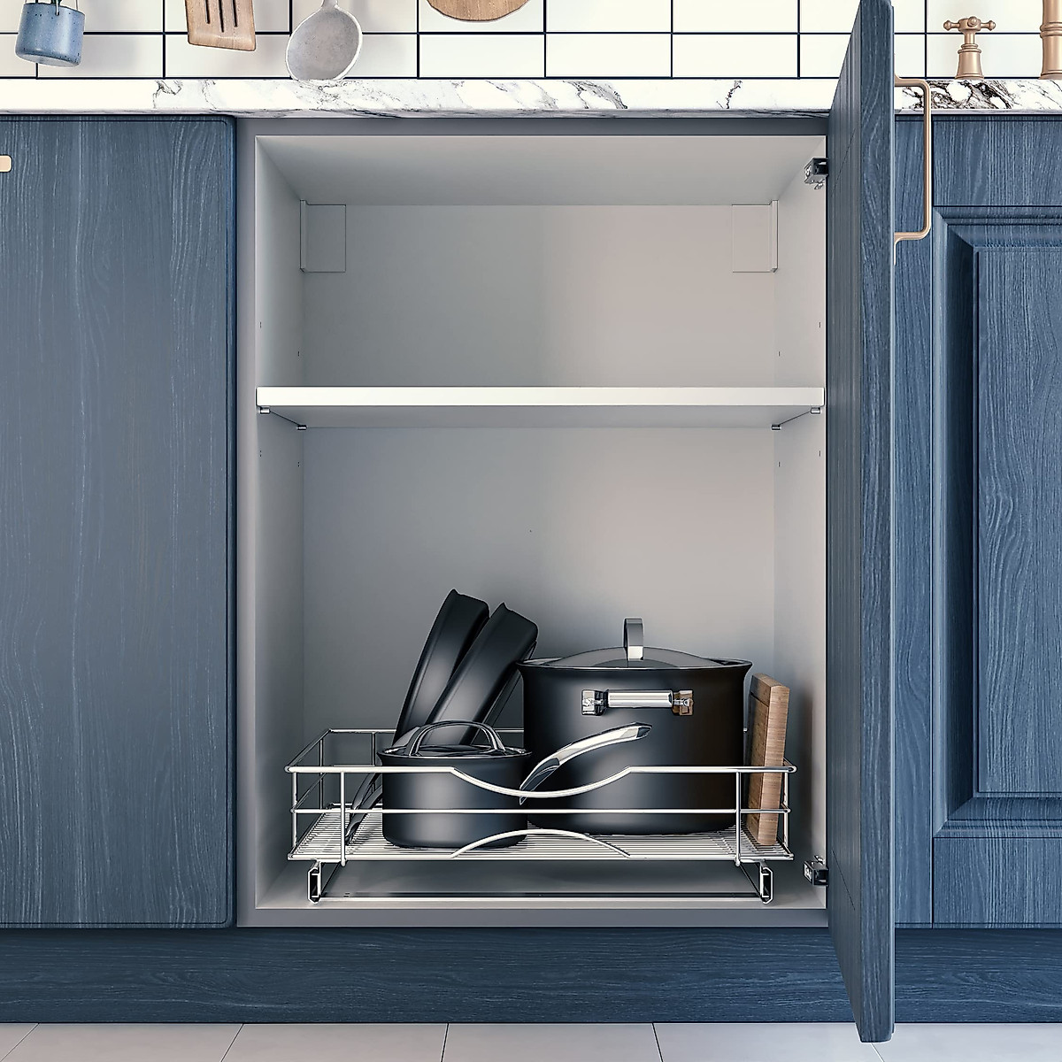 Home Zone Living Pull Out Kitchen Cabinet Organizer with Slide Out Drawer for Space Saving Storage, 20” W x 21” L