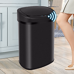 BLKMTY 13-Gallon Kitchen Trash Can 50L Stainless Steel Garbage Can Tall Automatic Trash Bin Touchfree Trash Cans Motion Sensor Garbage Bin Metal Waste Bin with Lid for Office Bathroom, Black