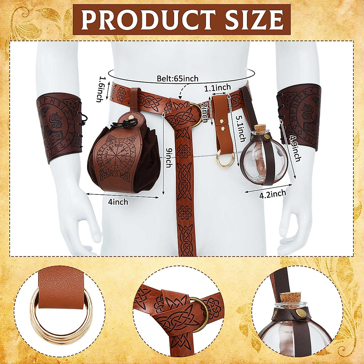 Toulite 6 Pcs Halloween Renaissance Costume Accessories Includes Leather Arm Guards Medieval Viking Belt Potion Bottle with Cork Medieval Bag and Skirt Hike for Men Women Ren Faire Cosplay, Brown