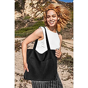 Prite Corduroy Tote Bag for Women Large Shoulder Bag with Zipper and Pockets for College School Work Travel Shopping (Black)