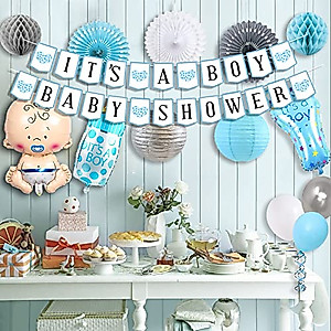 Baby Shower Decorations for Boy kit - Boy Baby Shower Banner,Foil balloons,Cake Toppers, Sash, Balloons, Paper Lanterns, Honeycombs, Tissue Paper Fans, Tassels,Blue Grey White