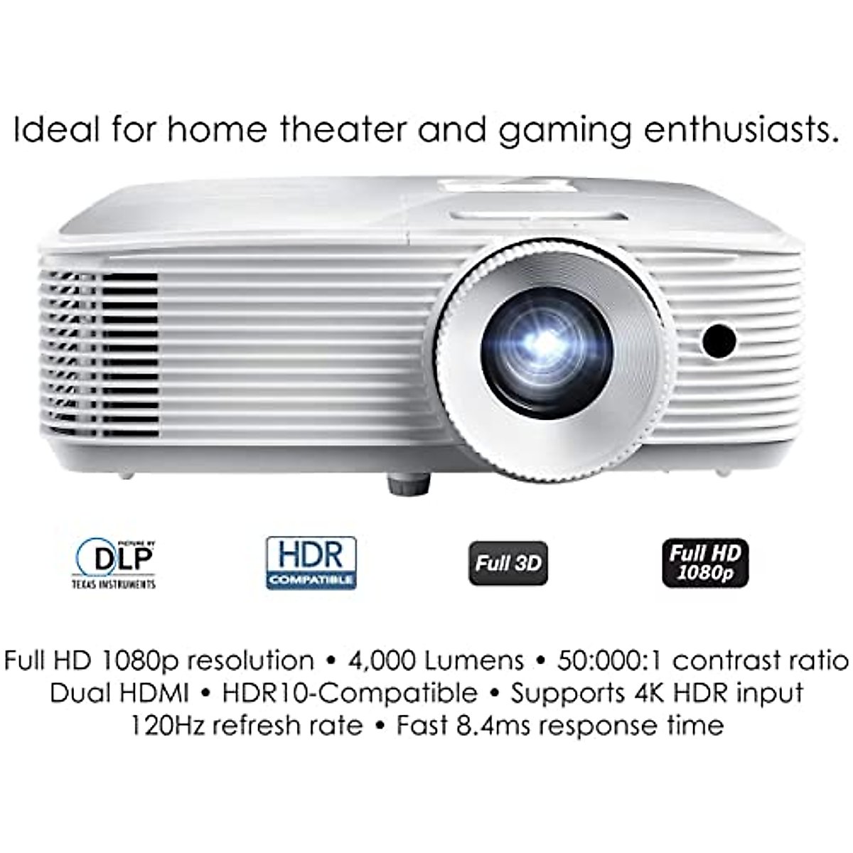 Optoma HD39HDRx High Brightness HDR 1080p Home Theater Projector | 120Hz Refresh Rate | 4,000 Lumens | Fast 8.4ms Response time with 120Hz | Easy Setup, 1.3X Zoom | 4K Input | Quiet 26 dB Operation