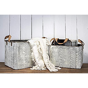 Foreside Home & Garden Rustic Set of 3 Whitewashed Pattern Galvanized Metal Decorative Storage Bins with Faux Leather Handles
