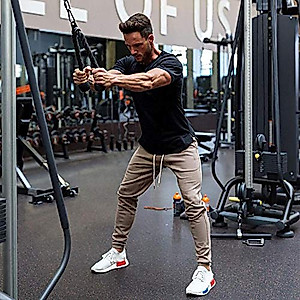 COOFANDY Men Workout T Shirt Pack Cotton Running Short Sleeve Longline Solid Tee Black/Khaki