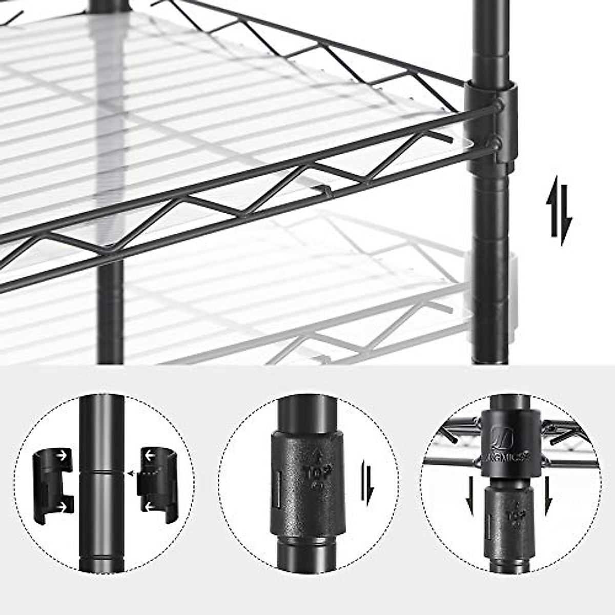SONGMICS Kitchen Metal Shelves, 5-Tier Wire Shelving Unit with 8 Hooks, Narrow Storage Rack with PP Shelf Liners, Height-Adjustable, for Bathroom, Pantry, Black ULGR115B01