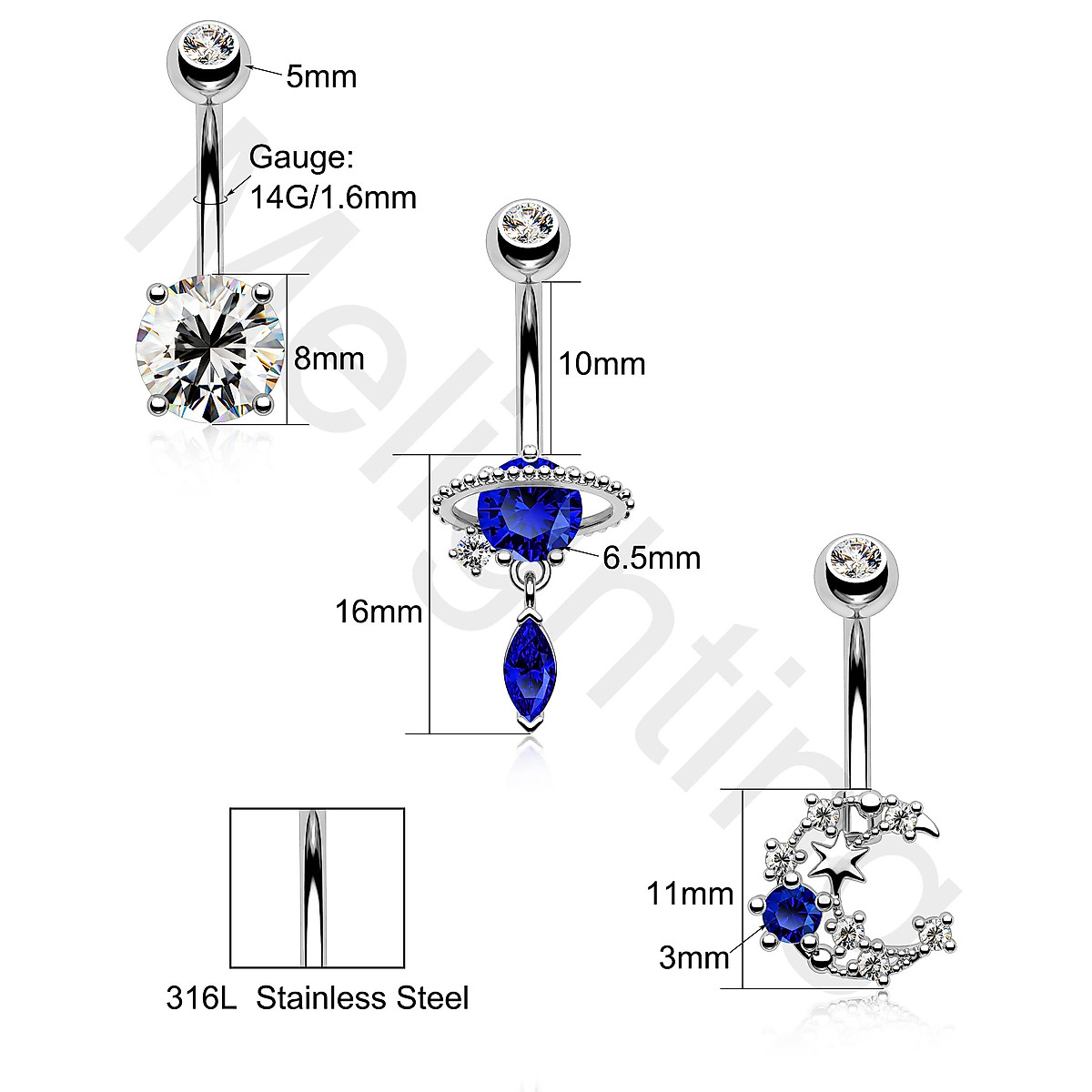 Melighting 14G Belly Button Rings Pack Stainless Steel 316L Blue Belly Rings for Women Clear CZ Planet Belly Piercing Moon Navel Barbell Body Piercing Jewelry (Blue)