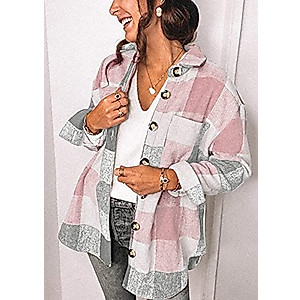 PRETTYGARDEN Women's Fall Clothes Plaid Shacket Jacket Trendy Casual Long Sleeve Button Down Flannel Shirts Fashion Blouse(Pink,Large)