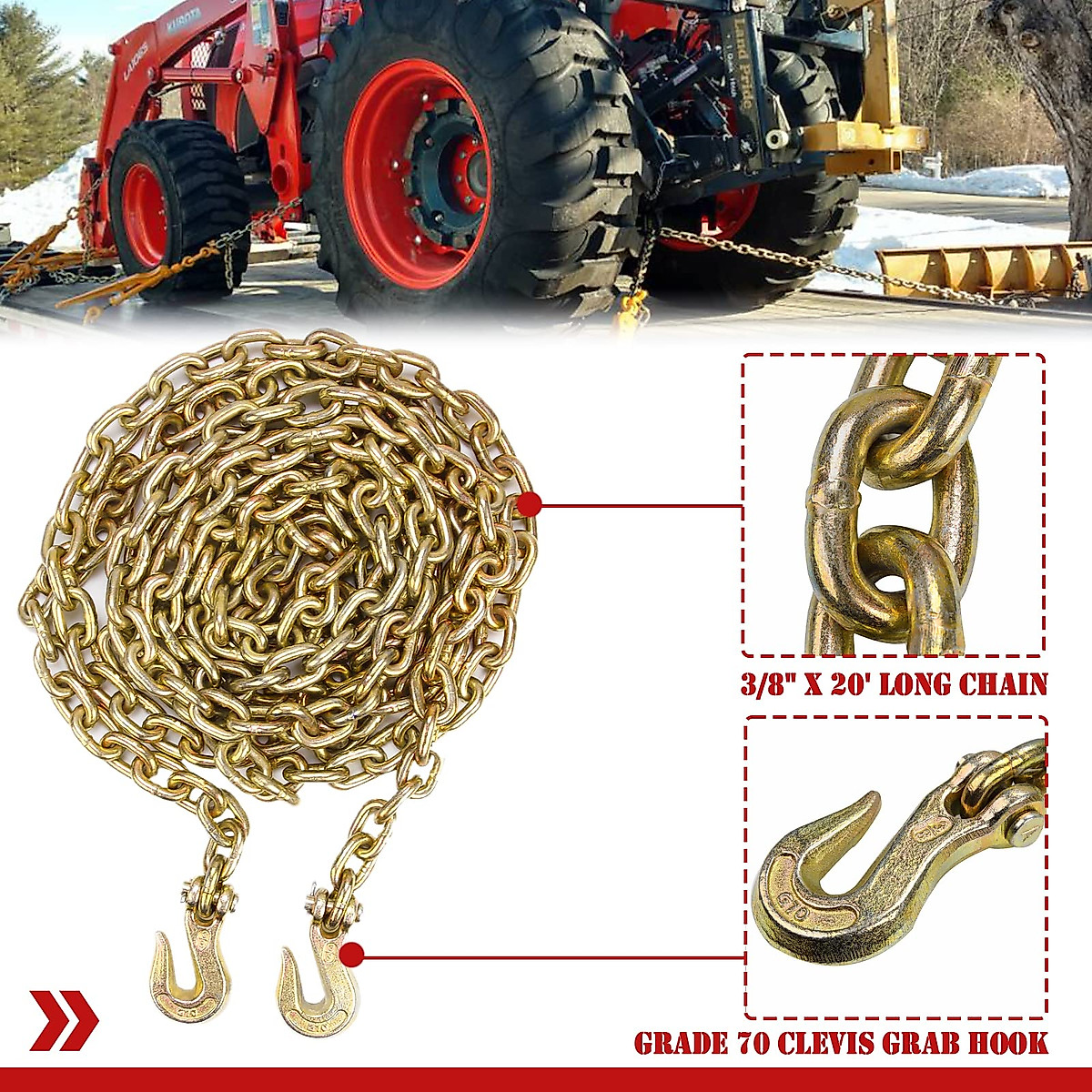 EASYBERG 2 Grade 70 3/8" x 20' Transport Chain Tie Down Binder Chain with Grab Hooks