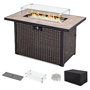 Nuu Garden 43'' Propane Fire Pit Table, CSA Certified 50,000 BTU Outdoor Patio Propane Fire Pit Table with Fire Pit Wind Guard,Removable Lid, Ceramic Tabletop, Water-Proof Oxford Cover, Dark Brown