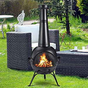 SINGLYFIRE Prairie Fire Outdoor Chiminea Fireplace Deck or Patio Backyard Wooden Fire Pit with Chiminea Cover Rust-Free Iron Black