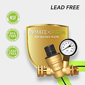 RVMATE RV Water Pressure Regulator, Brass Lead-Free Water Pressure Reducer Kit, Adjustable Valve with Inlet Screen Filter, for Camper Travel Trailer